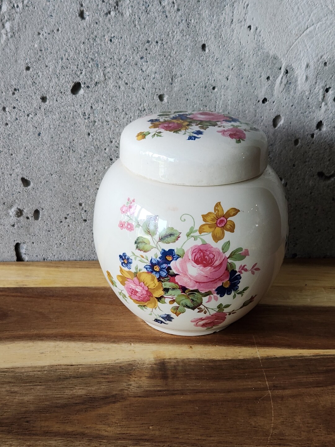 Vintage Sadler Ginger Jar-sadler Pink Cabbage Roses-vintage Floral ...