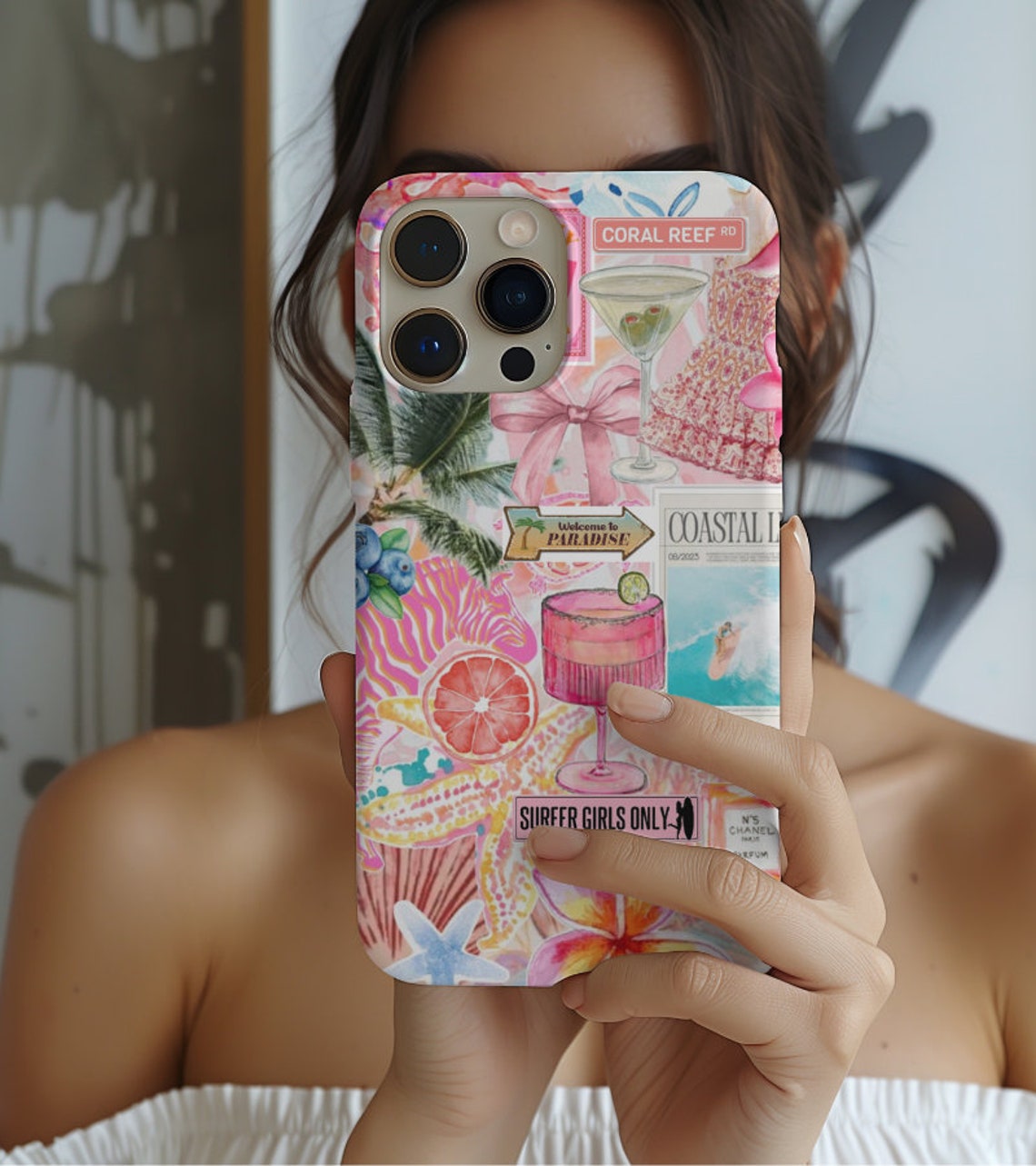 Pink Coastal Collage Phone Case Beachy Tropical Case Trendy Pink Phone Case iPhone 15 14 13 12 ...