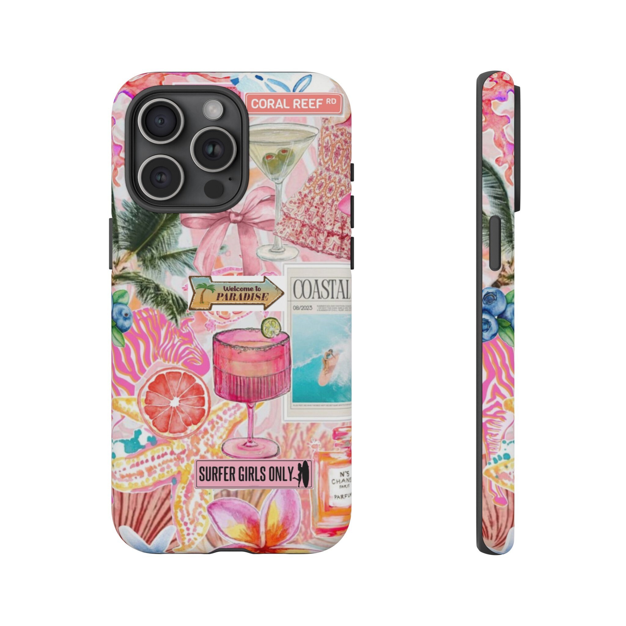 Pink Coastal Collage Phone Case Beachy Tropical Case Trendy Pink Phone Case iPhone 15 14 13 12 ...