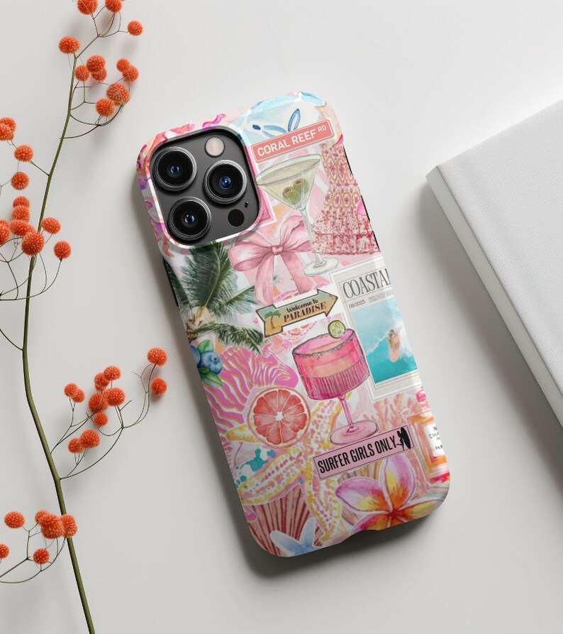 Pink Coastal Collage Phone Case Beachy Tropical Case Trendy Pink Phone Case iPhone 15 14 13 12 ...