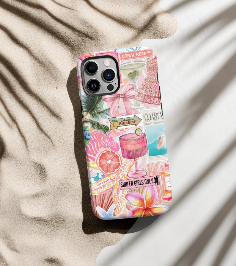 Pink Coastal Collage Phone Case Beachy Tropical Case Trendy Pink Phone ...