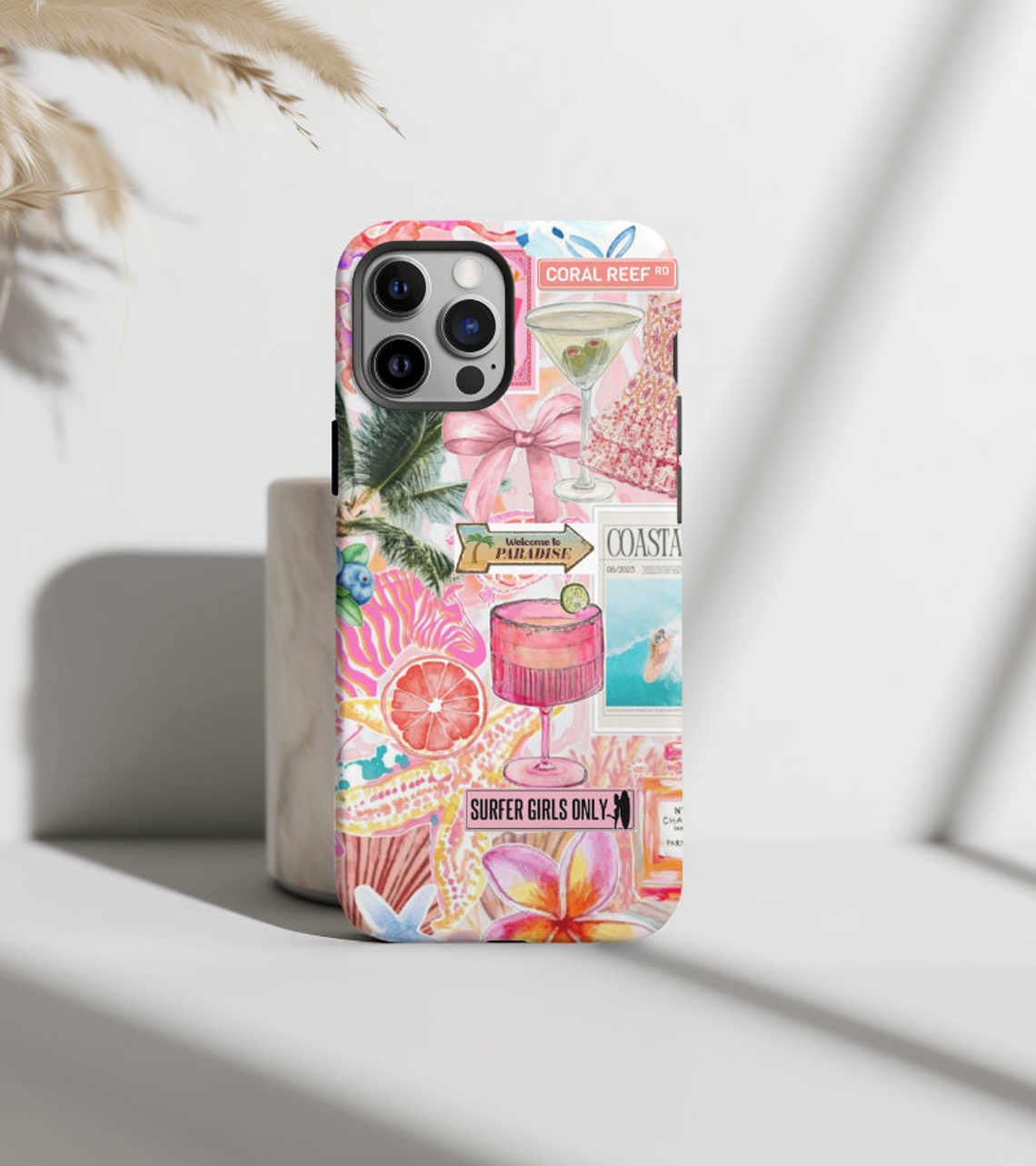 Pink Coastal Collage Phone Case Beachy Tropical Case Trendy Pink Phone ...