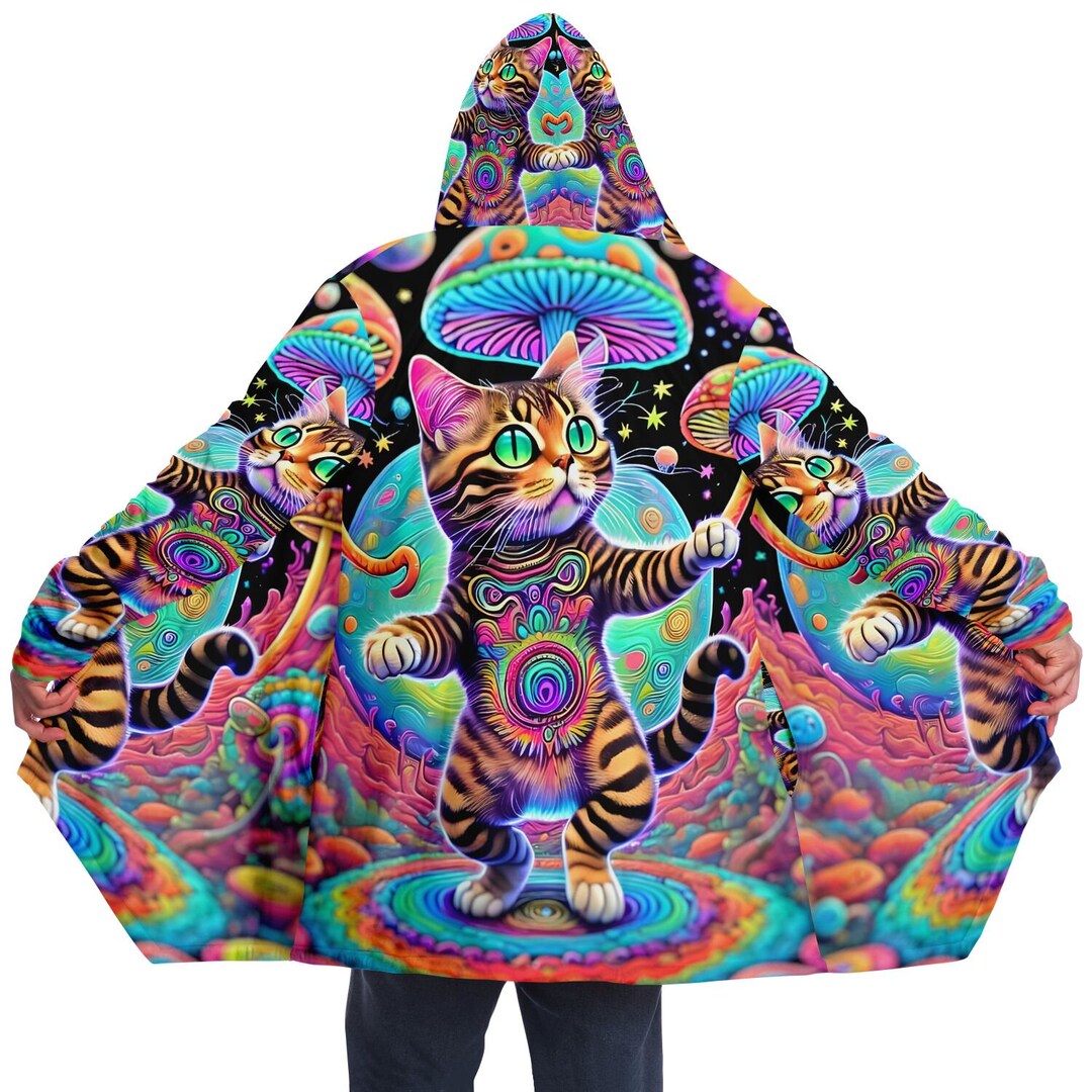 Trippy Shroom Cat Rave Festival Microfleece Cape With Pockets - Etsy