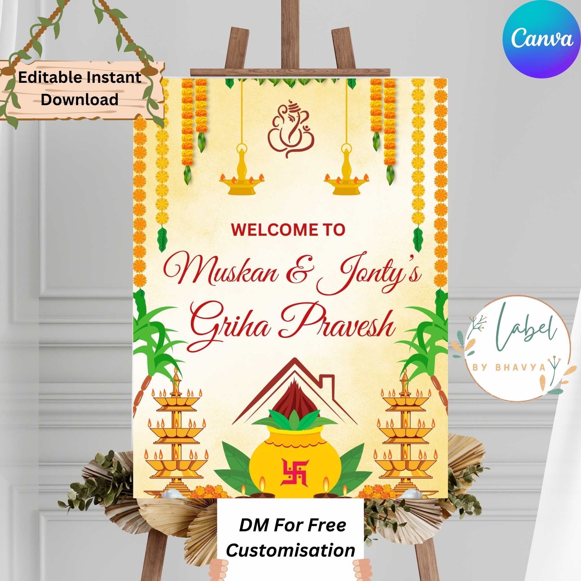 Editable Griha Pravesh Welcome Sign, Gruhapravesham Welcome Board ...