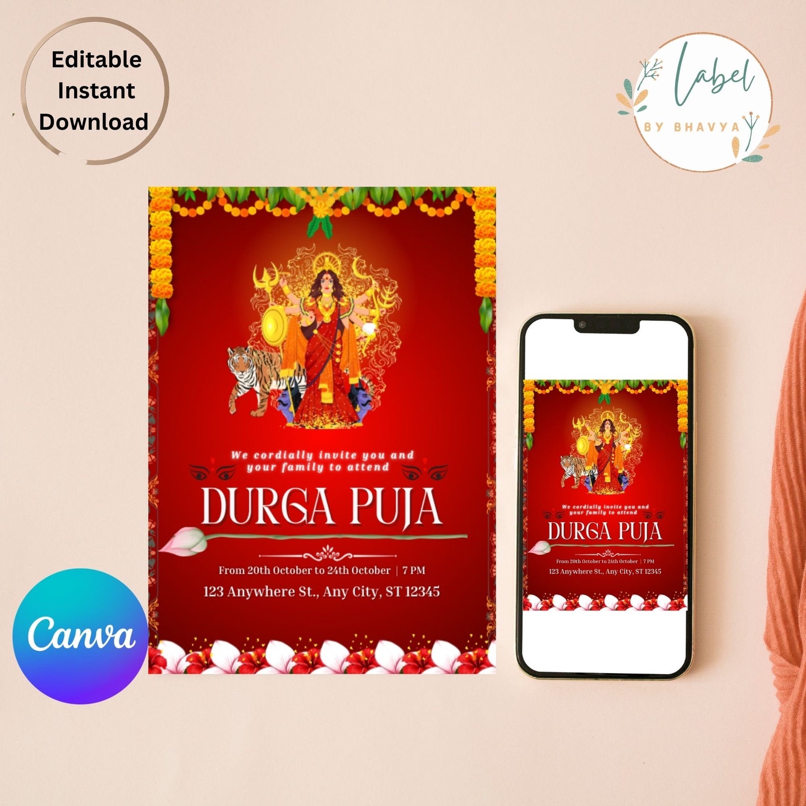 Editable Durga Puja Invitationdigital Templatedurga Puja - Etsy UK
