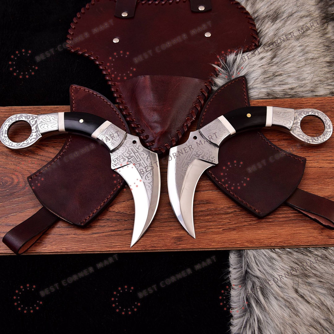 Handmade Karambit Pair With Leather Sheath, Engraved Karambit Knife ...