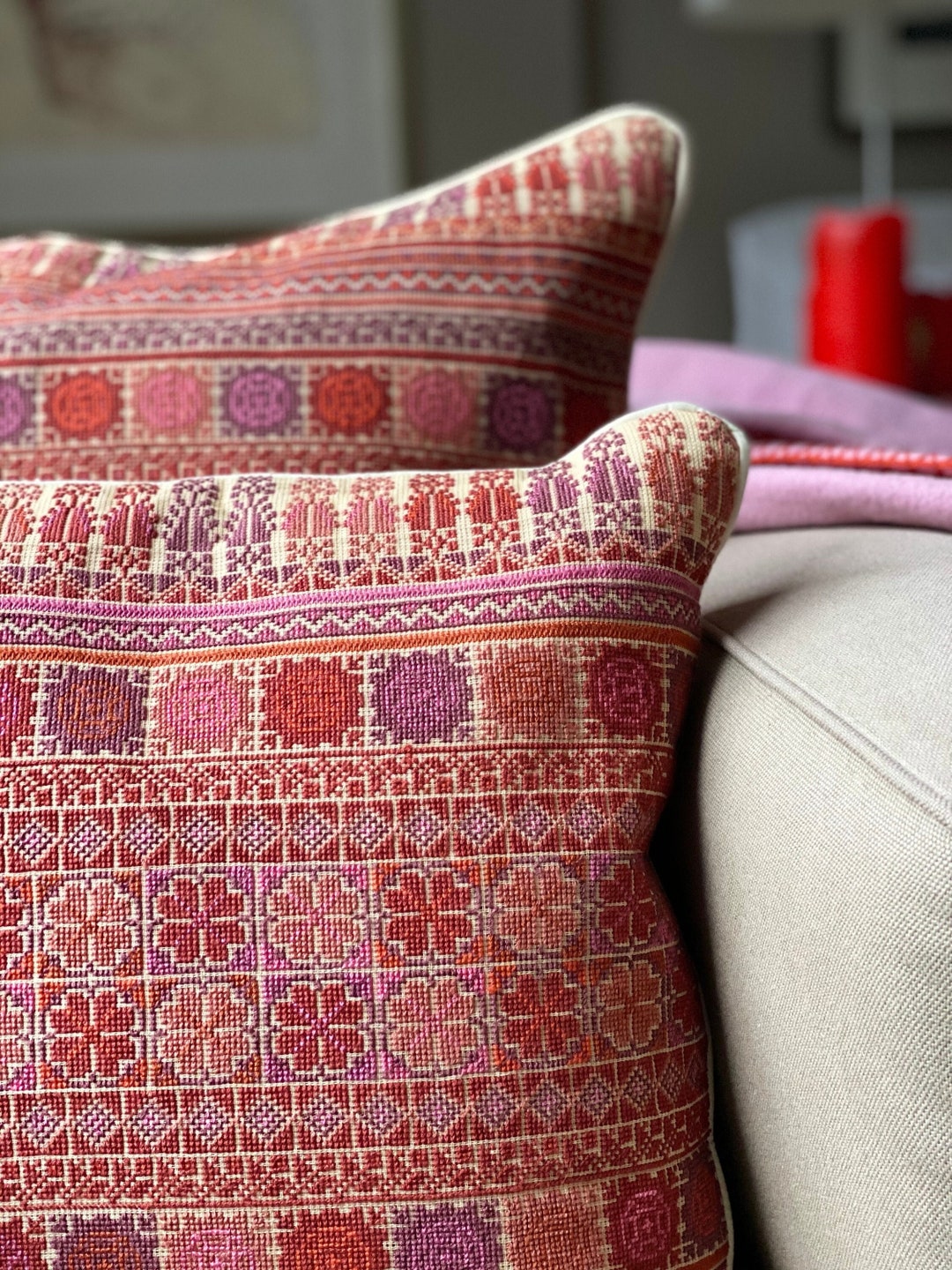 Oriental Pillow MONA Hand-embroidered 40 X 40 Cm Pink - Etsy UK