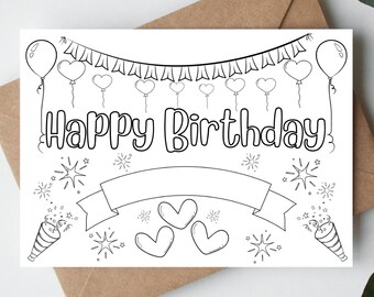 Printable Birthday Coloring Card, Digital Birthday Card, Color Your Own ...