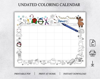 Colorable Monthly Calendar, Monthly Calendar, 12 Month Printable ...