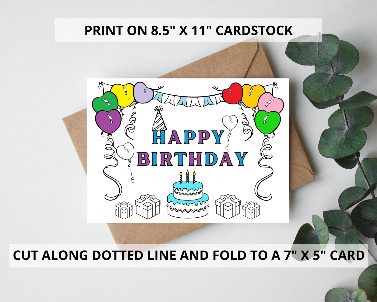 Printable Birthday Coloring Card, Digital Birthday Card, Color Your Own ...