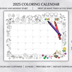 2025 Printable Coloring Calendar, 12 Month Calendar, Monthly Calendar ...