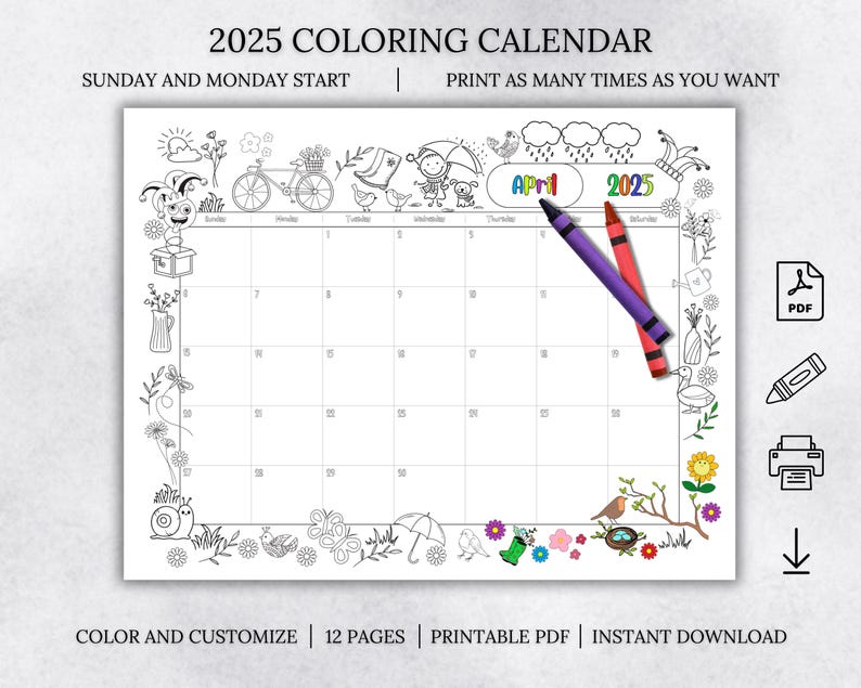 2025 Printable Coloring Calendar, 12 Month Calendar, Monthly Calendar ...