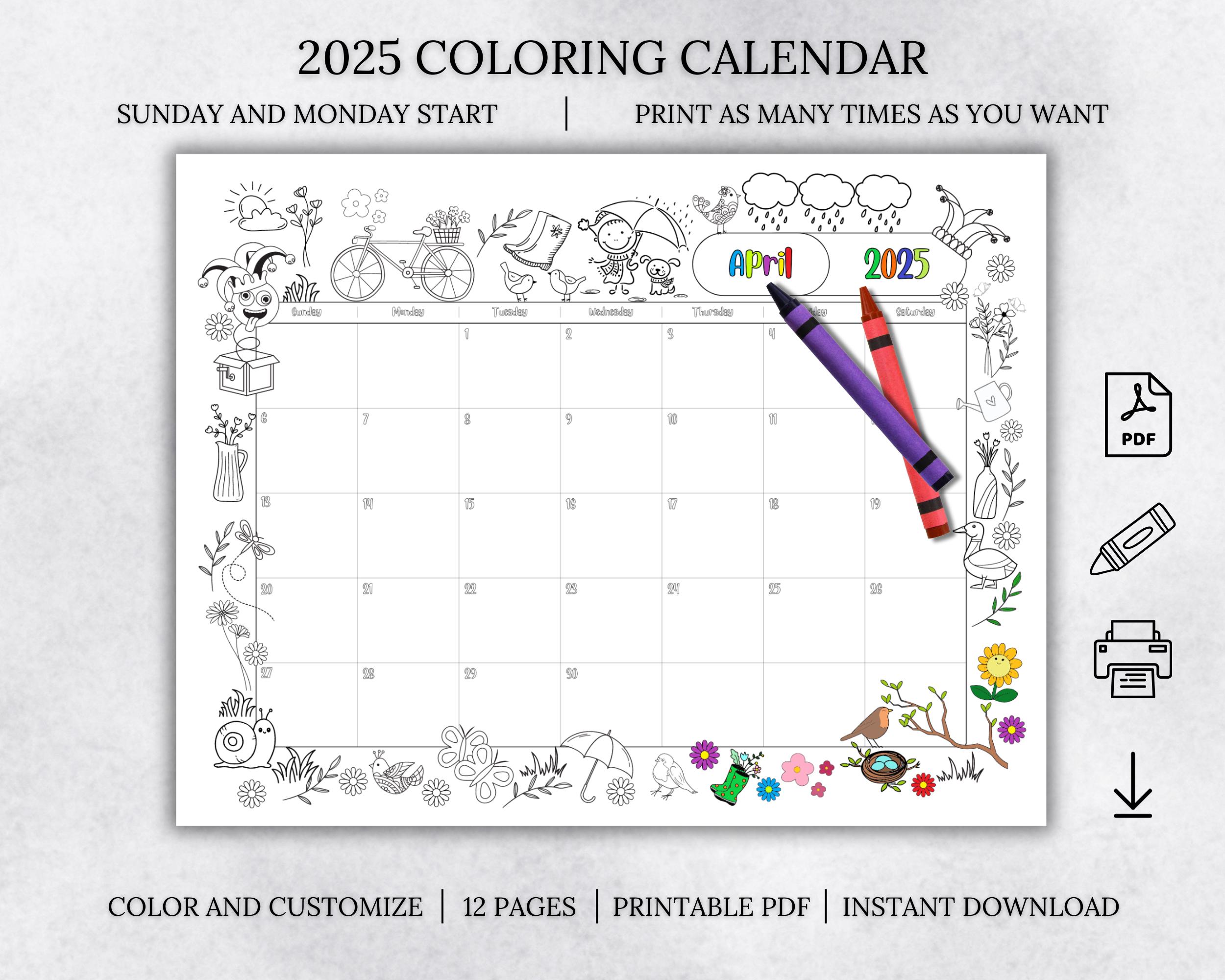 2025 Printable Coloring Calendar, 12 Month Calendar, Monthly Calendar ...