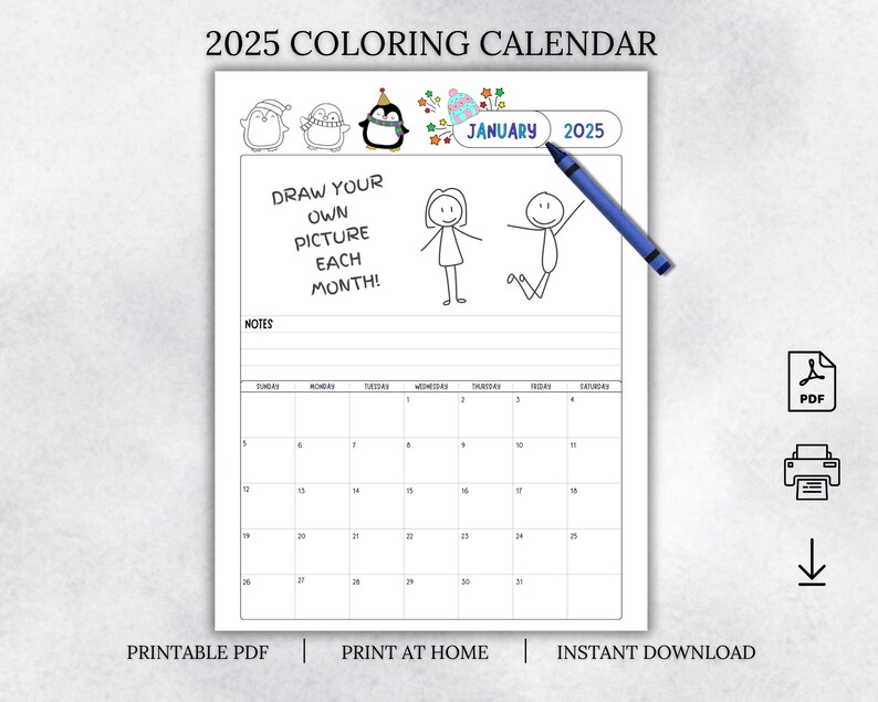 Calendario imprimible para colorear 2025, calendario de 12 meses, calendario mensual, calendario ...
