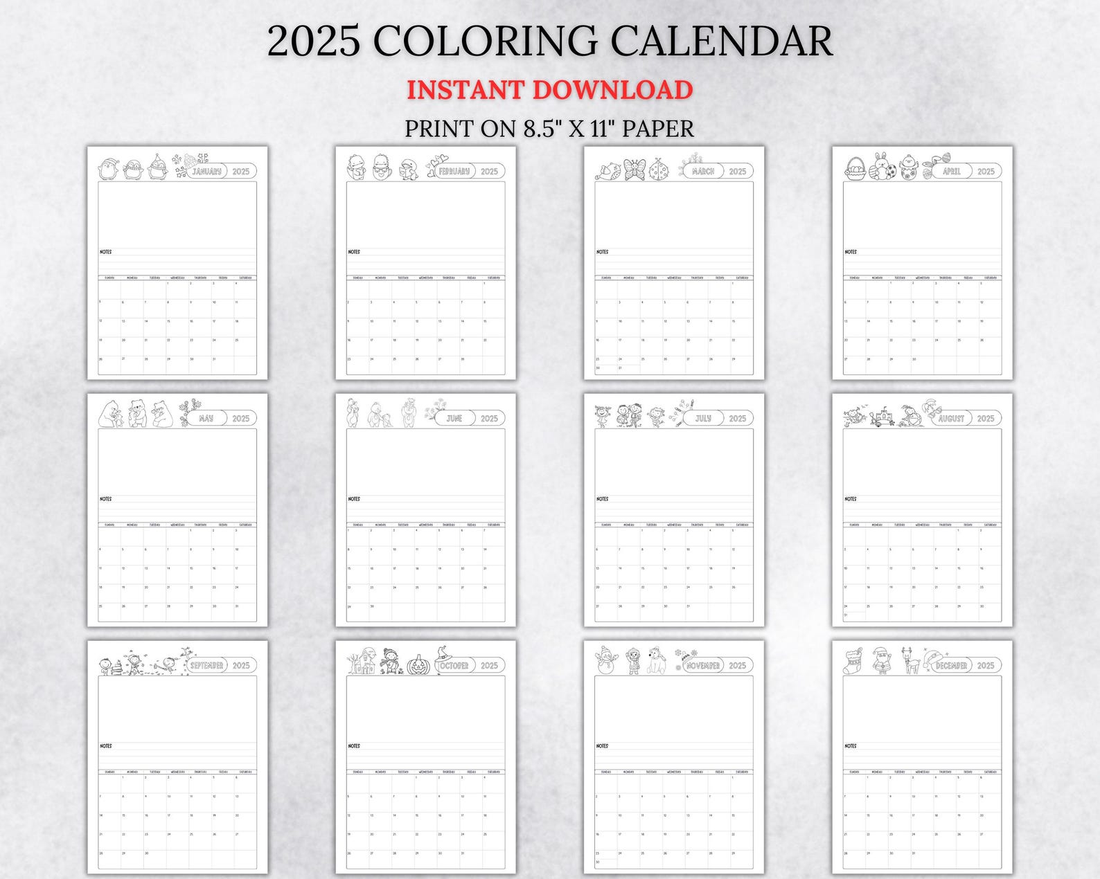 2025 Coloring Calendar: Monthly Planner for Kids (printable PDF) - Etsy