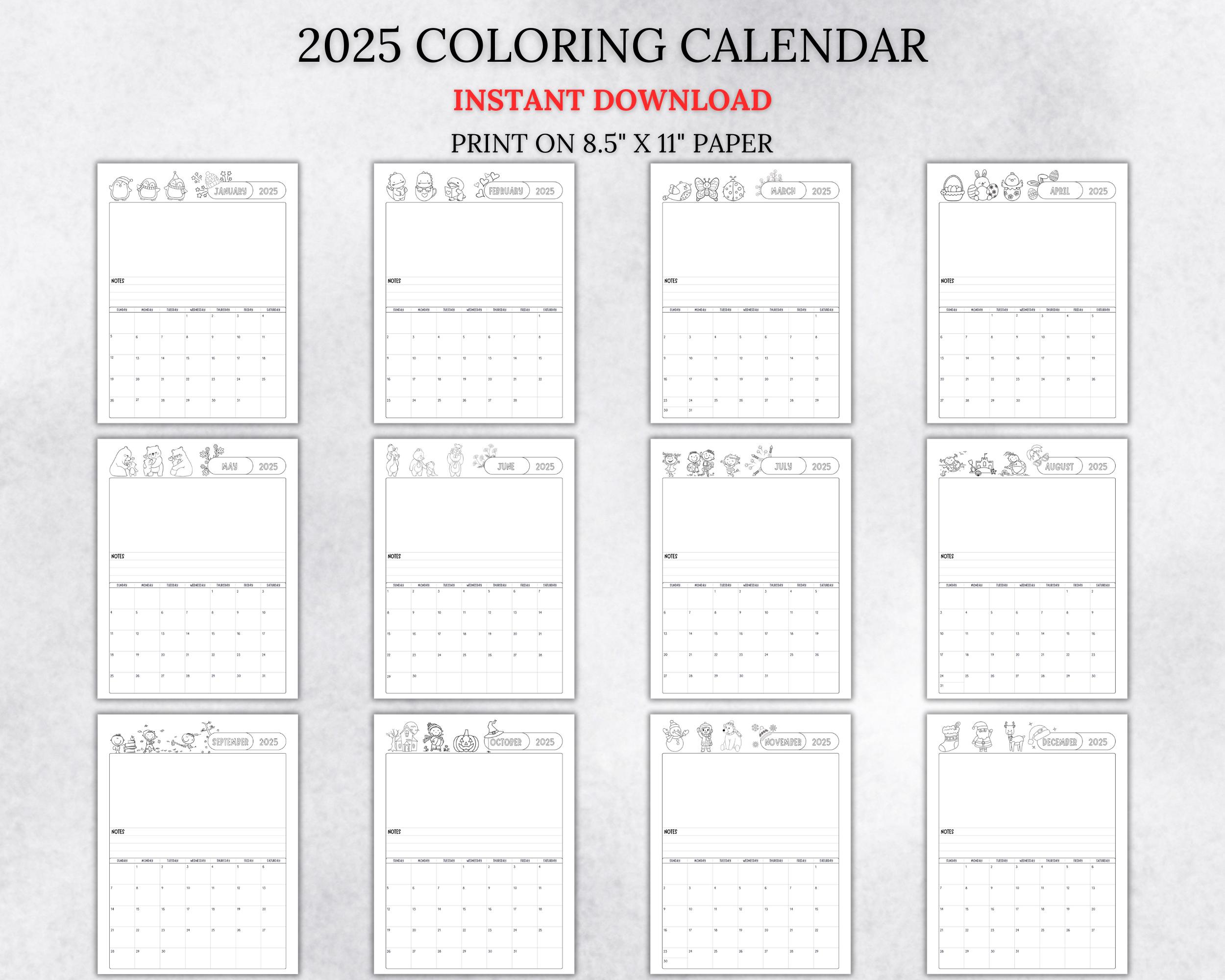 Calendario imprimible para colorear 2025, calendario de 12 meses ...