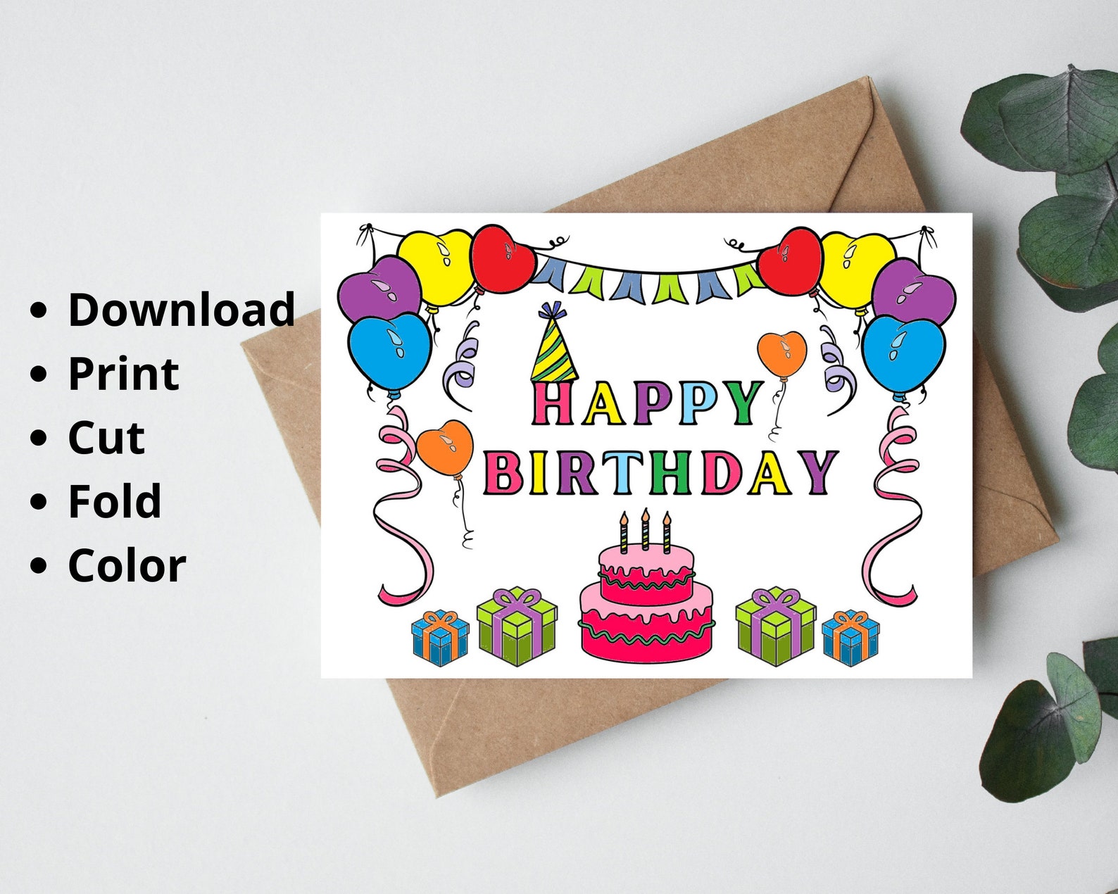 Printable Birthday Coloring Card, Digital Birthday Card, Color Your Own ...