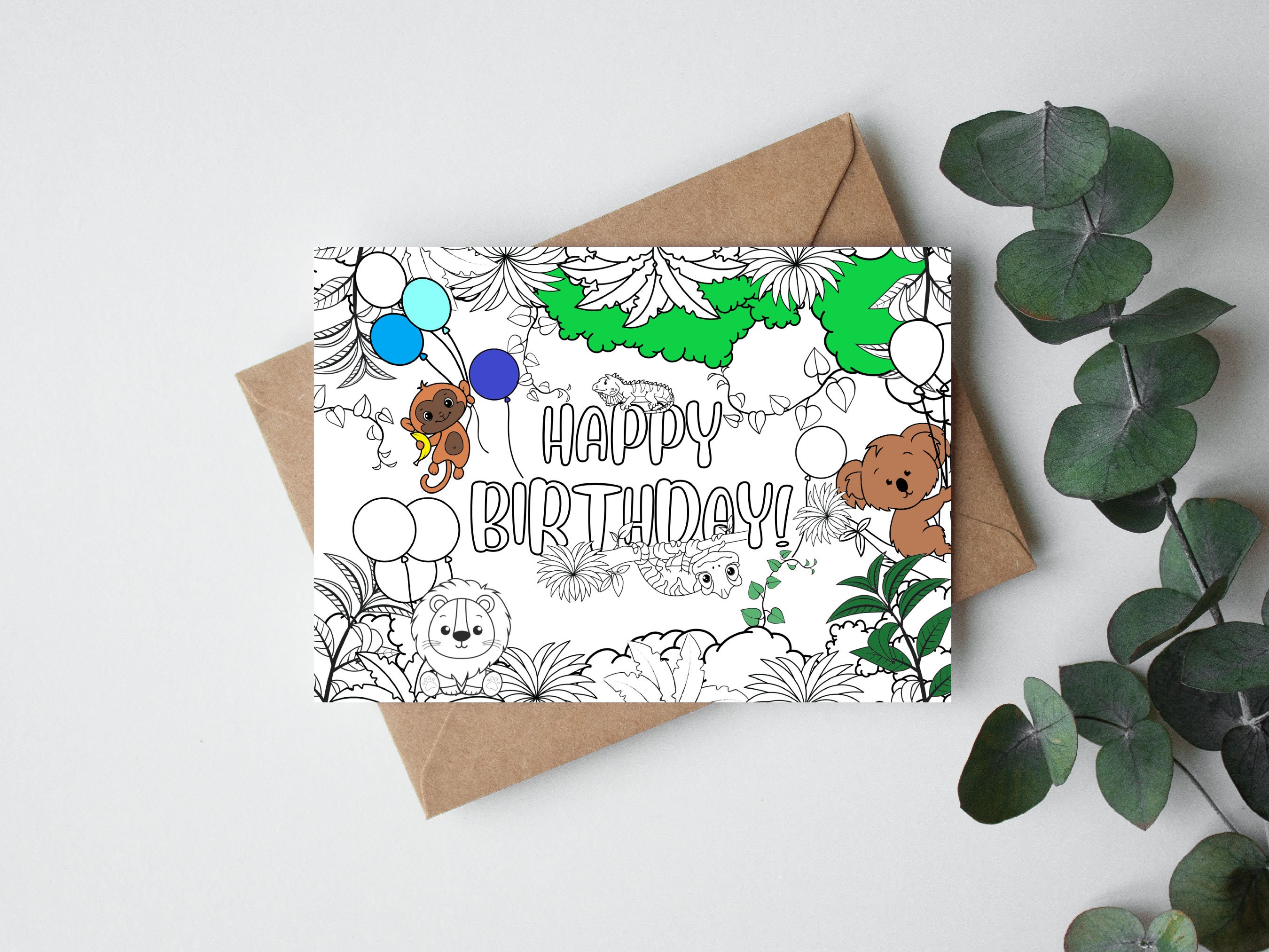 Printable Birthday Coloring Card, Birthday Card With Jungle Animals ...
