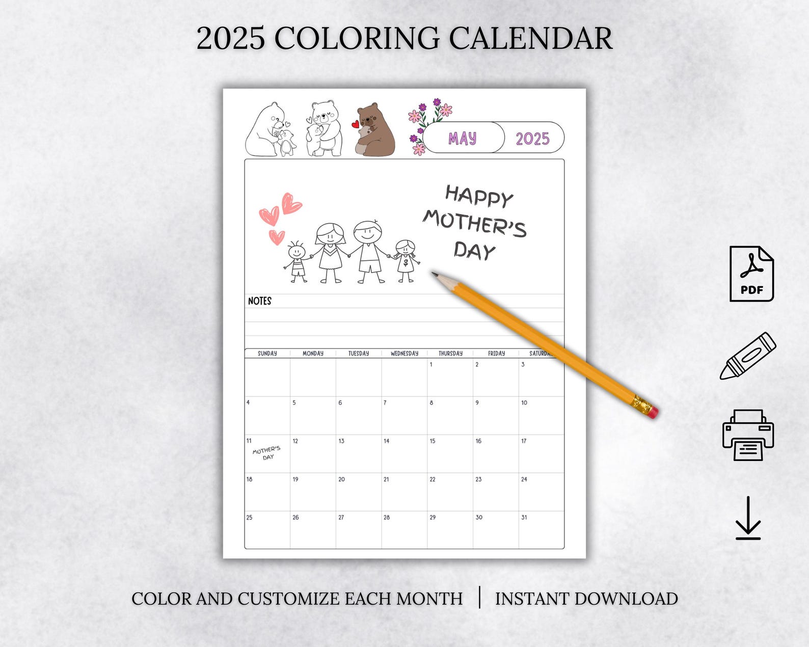 Calendario imprimible para colorear 2025, calendario de 12 meses ...