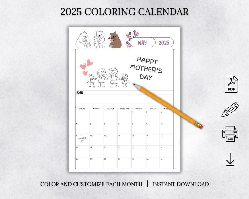 Calendario imprimible para colorear 2025, calendario de 12 meses, calendario mensual, calendario ...