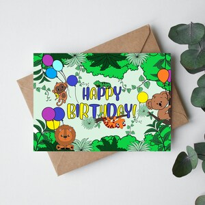 Printable Birthday Coloring Card, Birthday Card With Jungle Animals ...