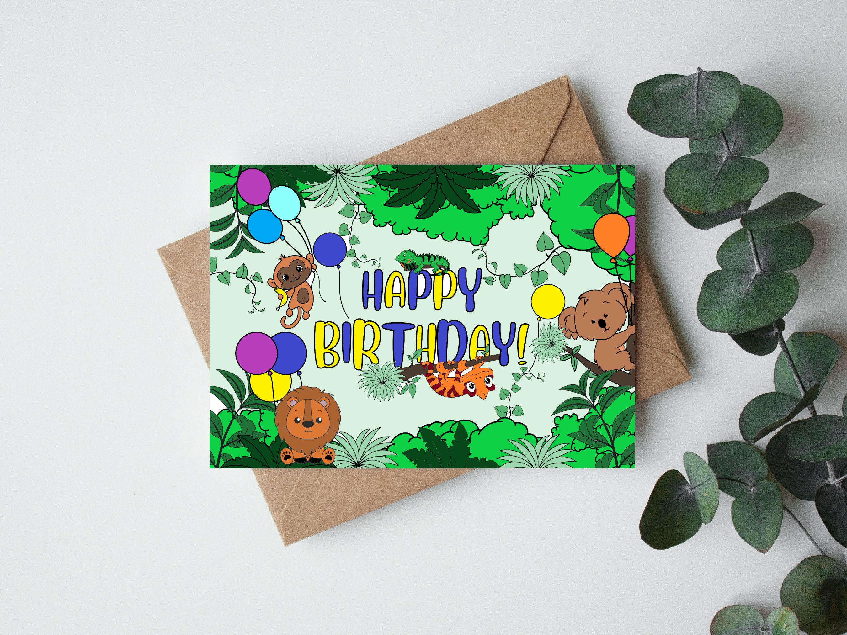Printable Birthday Coloring Card, Birthday Card With Jungle Animals ...