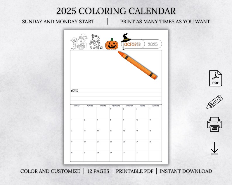 Calendario imprimible para colorear 2025, calendario de 12 meses ...