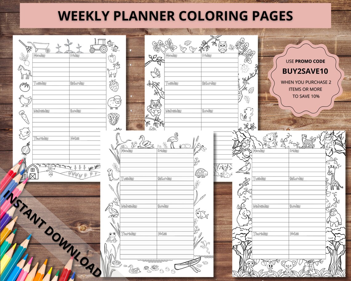 Printable Weekly Planner With Coloring, Coloring Planner, Coloring for ...