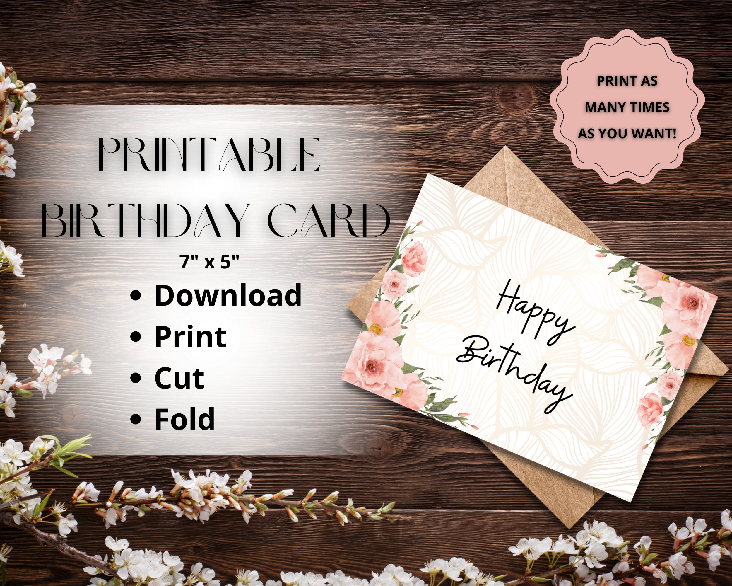 Printable Birthday Card, Birthday Card With Flowers, Digital Birthday ...