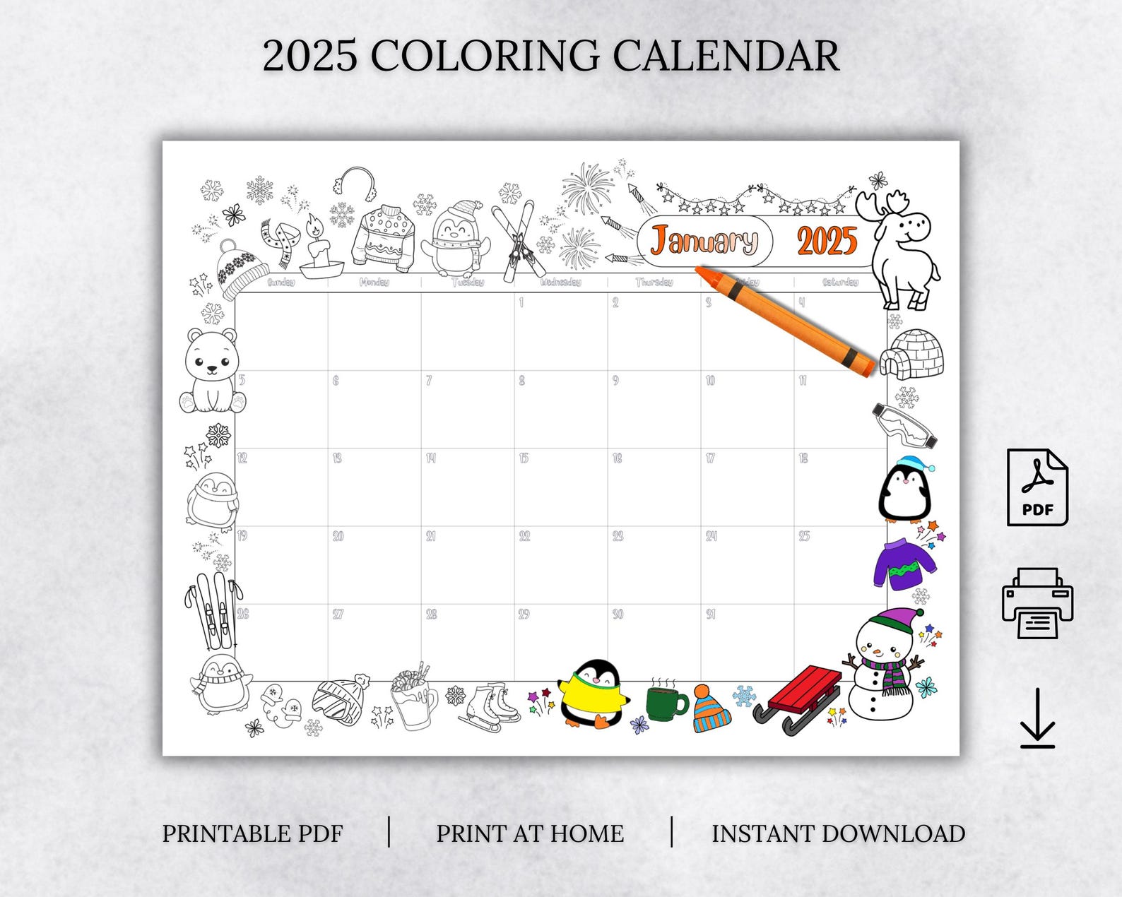 2025 Printable Coloring Calendar, 12 Month Calendar, Monthly Calendar ...