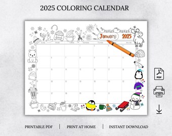 Colorable Monthly Calendar, Monthly Calendar, 12 Month Printable ...