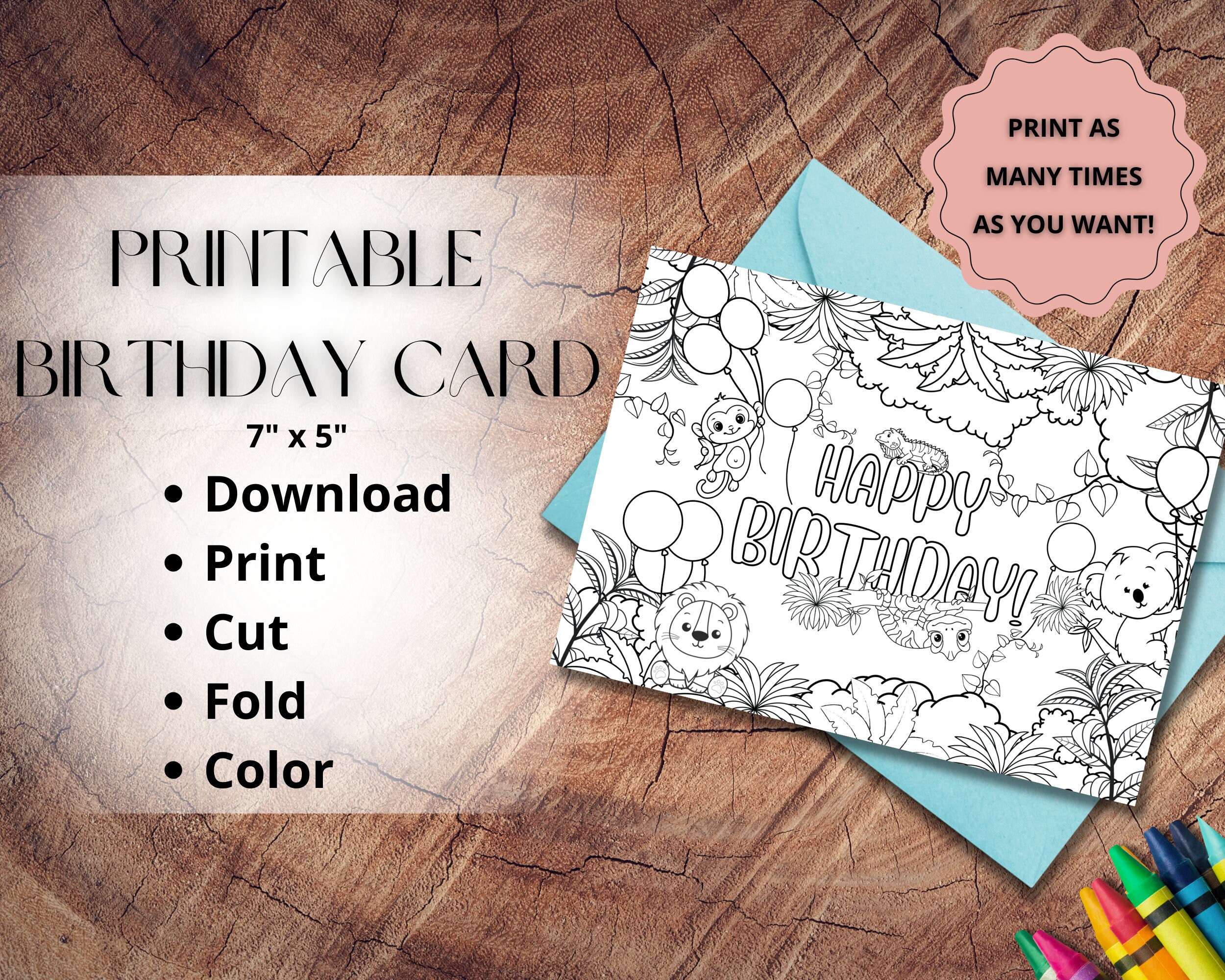 Printable Birthday Coloring Card, Birthday Card With Jungle Animals ...