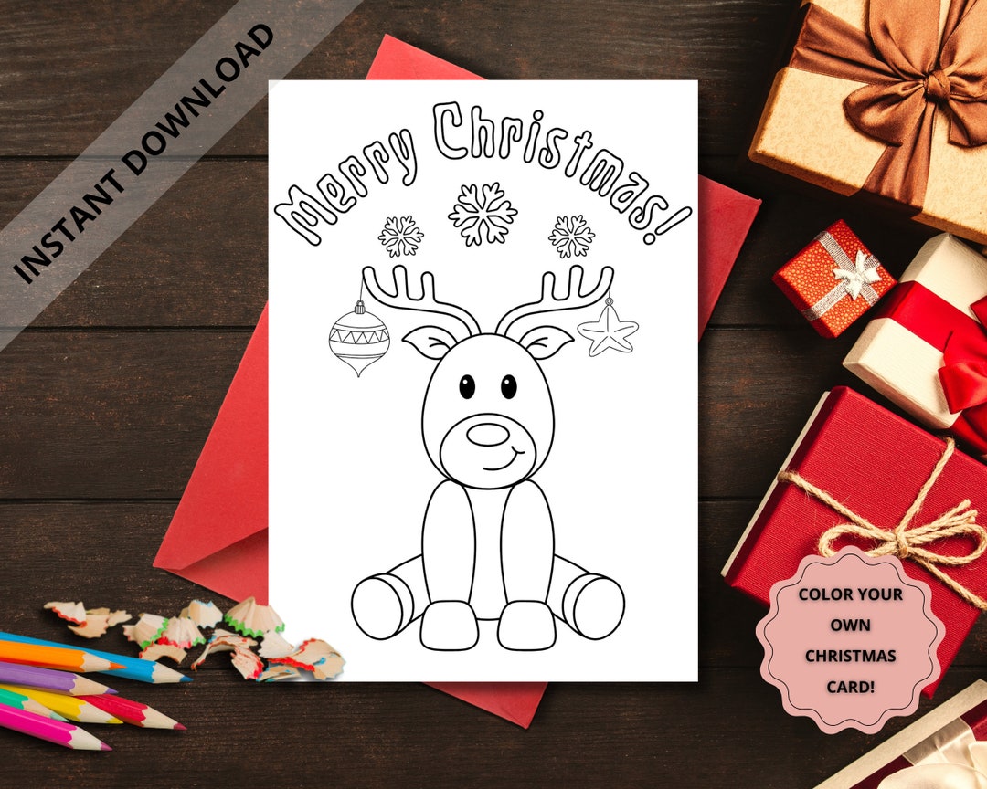 Printable Coloring Christmas Card, Christmas Card With Reindeer ...
