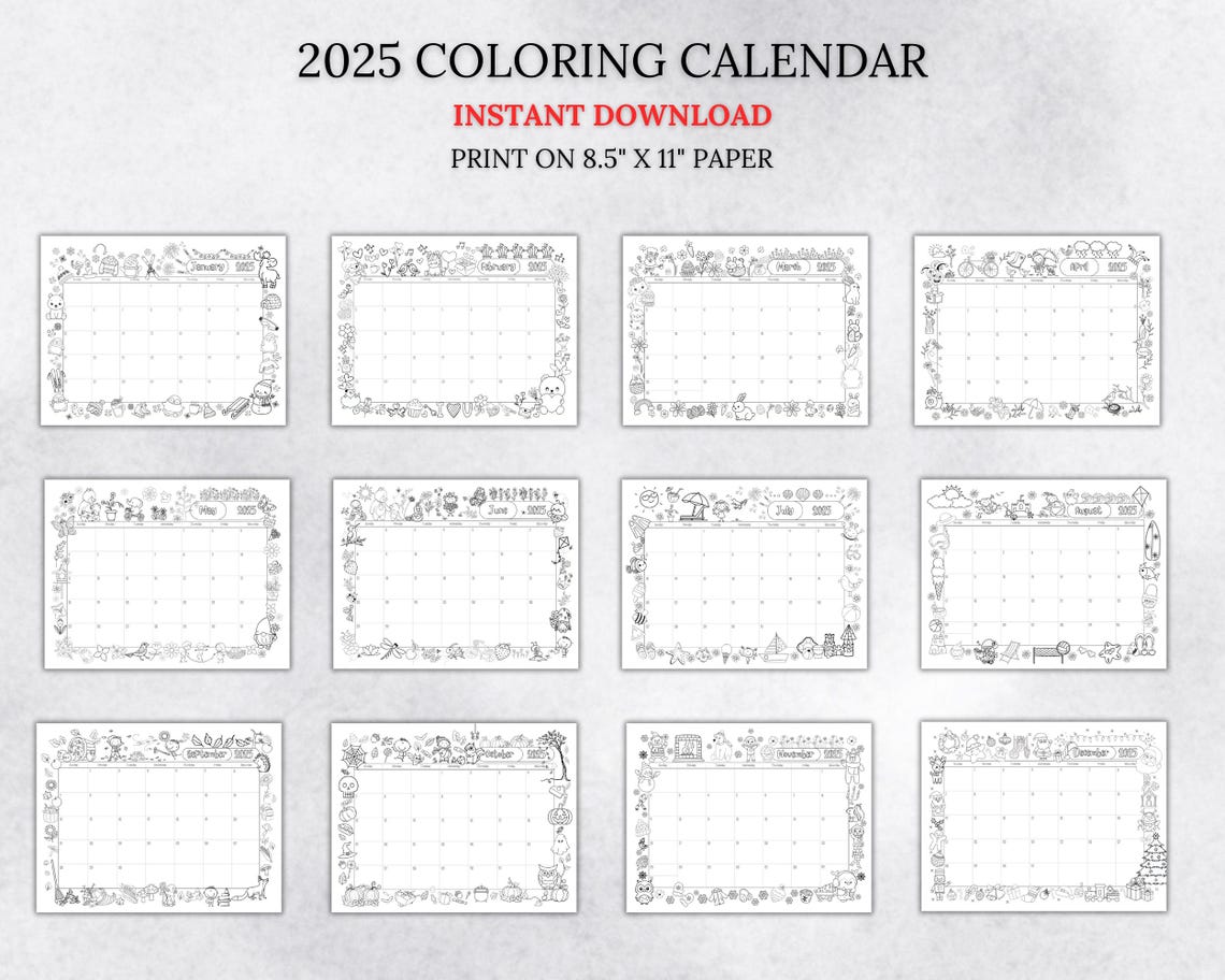 2025 Printable Coloring Calendar, 12 Month Calendar, Monthly Calendar ...