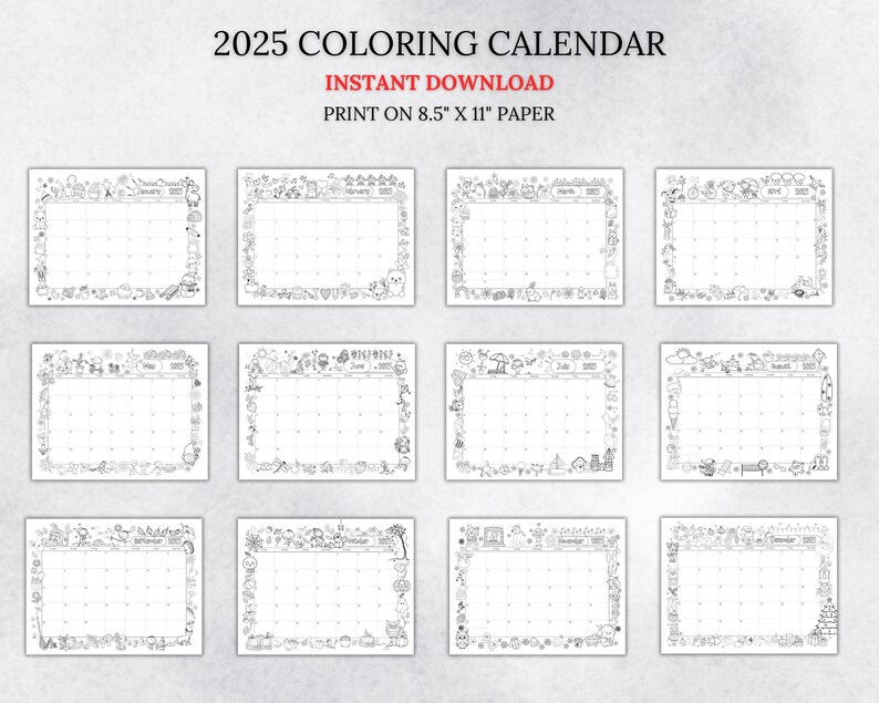 2025 Printable Coloring Calendar, 12 Month Calendar, Monthly Calendar ...