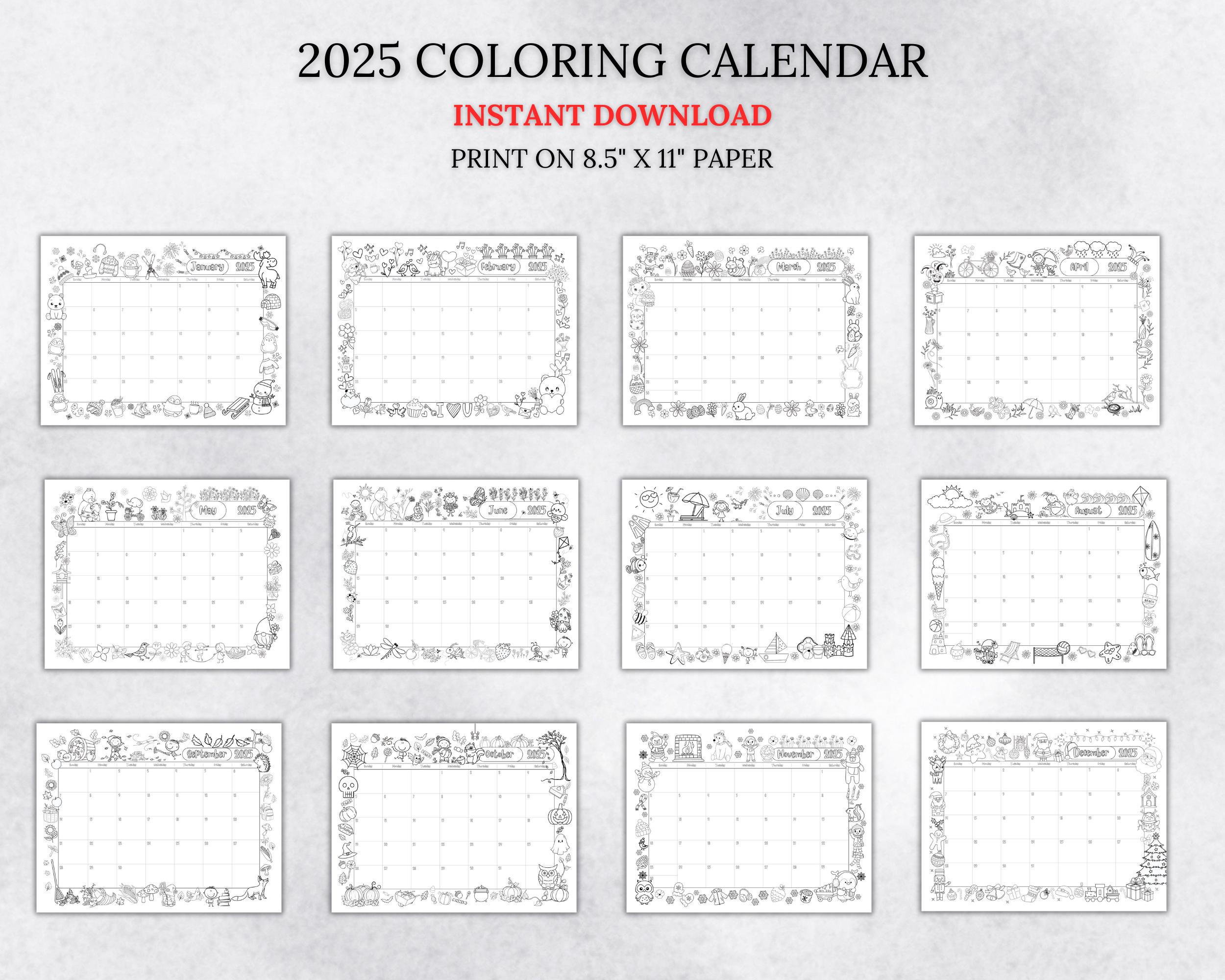 2025 Printable Coloring Calendar, 12 Month Calendar, Monthly Calendar ...
