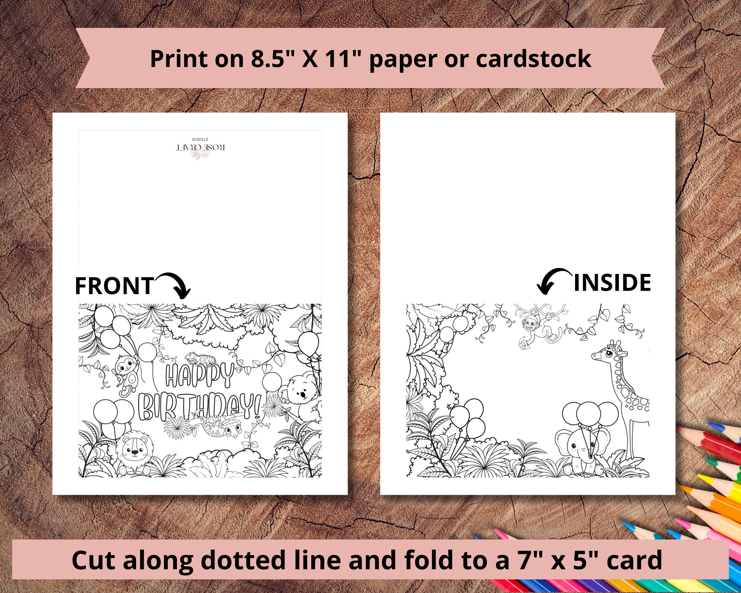 Printable Birthday Coloring Card, Birthday Card With Jungle Animals ...