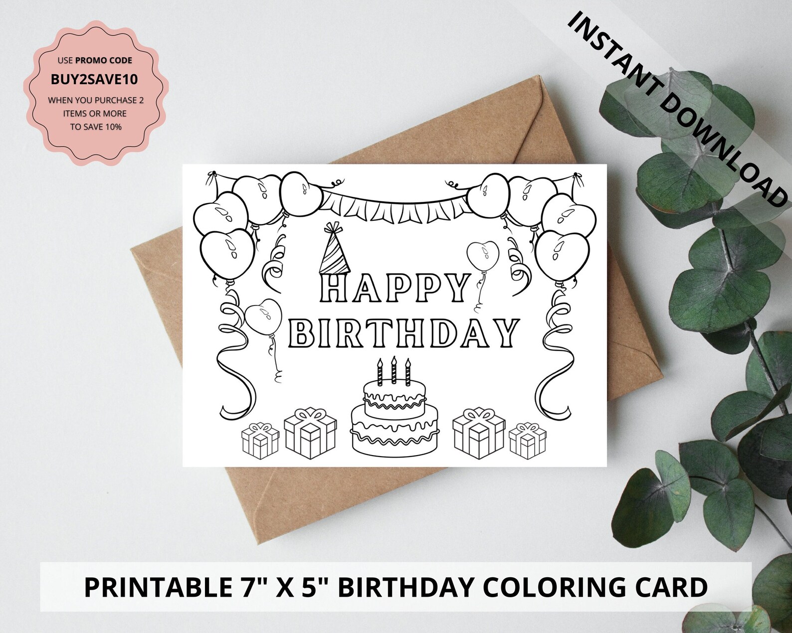 Printable Birthday Coloring Card, Digital Birthday Card, Color Your Own ...