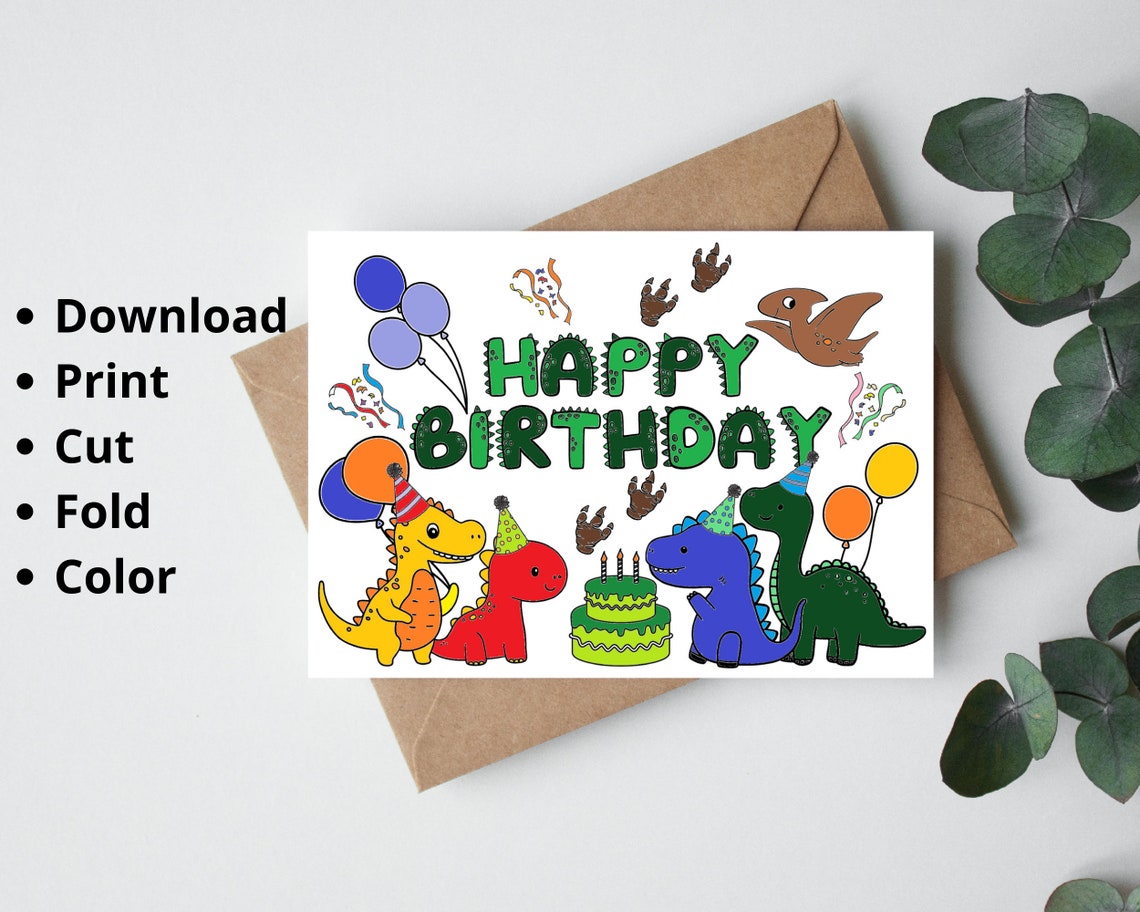 Printable Birthday Card, Birthday Card With Dinosaurs, Dinosaur ...