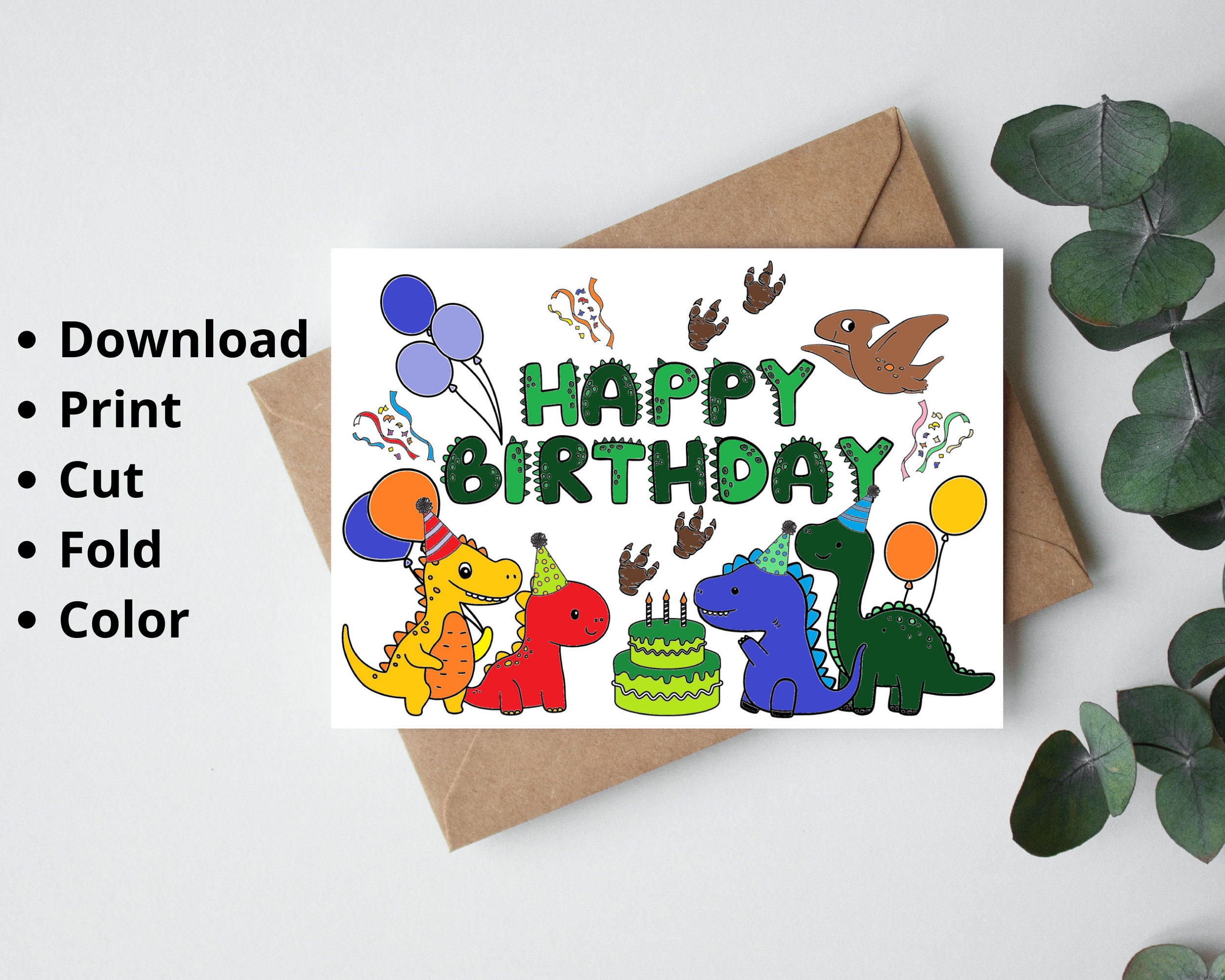 Printable Birthday Card, Birthday Card With Dinosaurs, Dinosaur ...