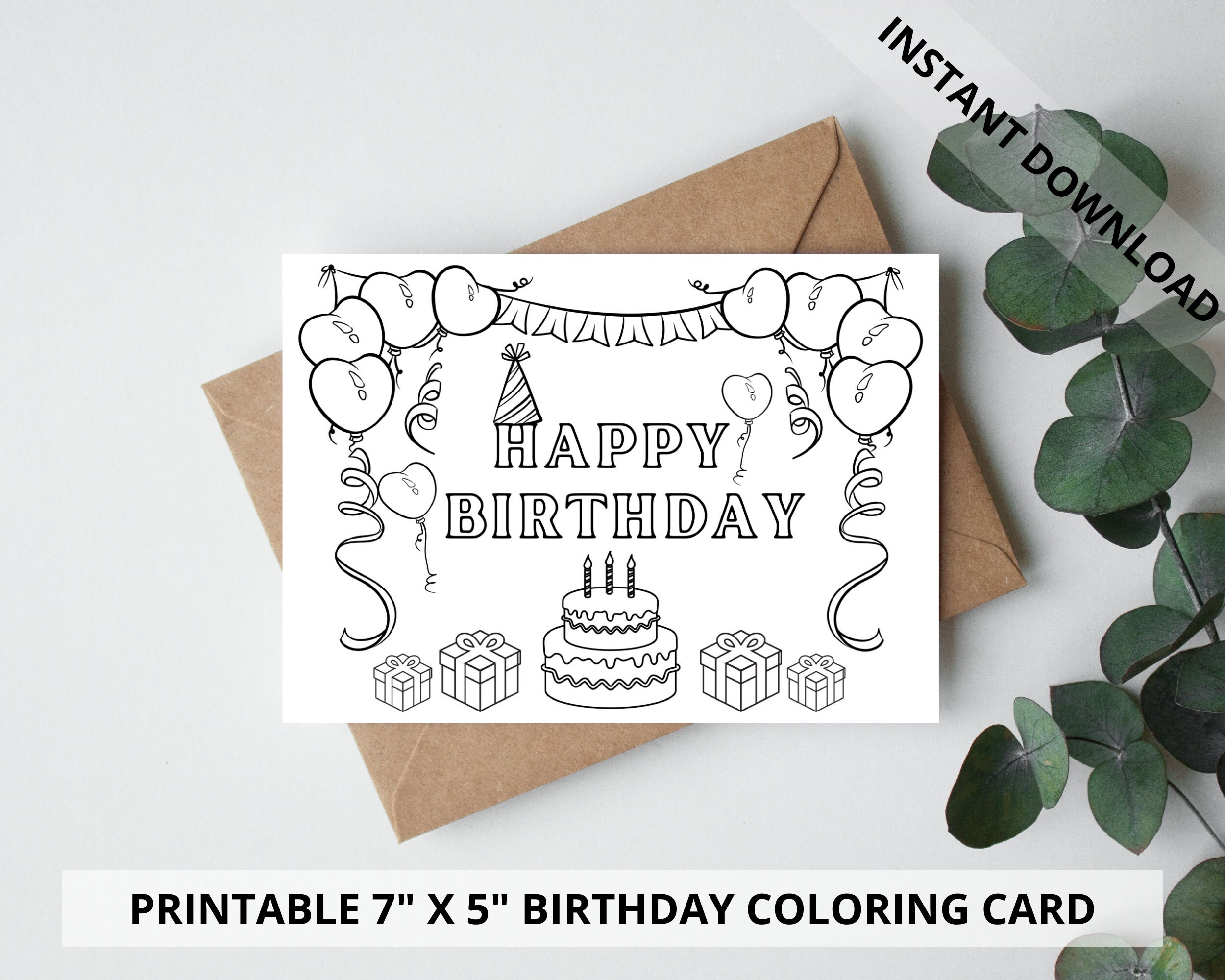 Printable Birthday Coloring Card, Digital Birthday Card, Color Your Own ...