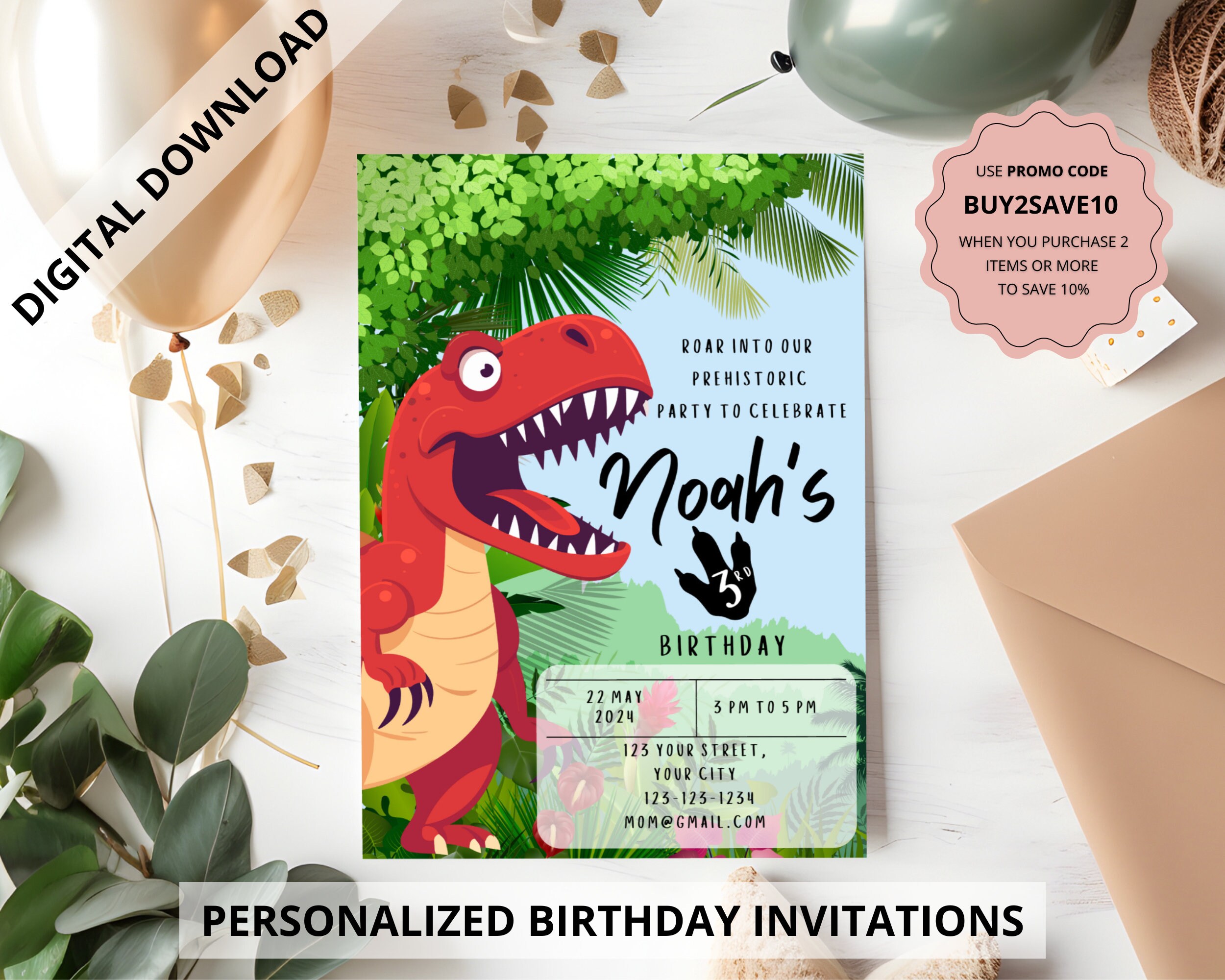 Printable Personalized Dinosaur Birthday Invitation, Dinosaur ...