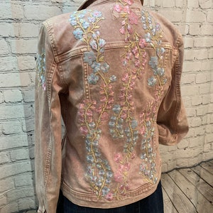 Pink Acid Wash Denim Jacket With Pink and Blue Floral Embroidery Size S ...