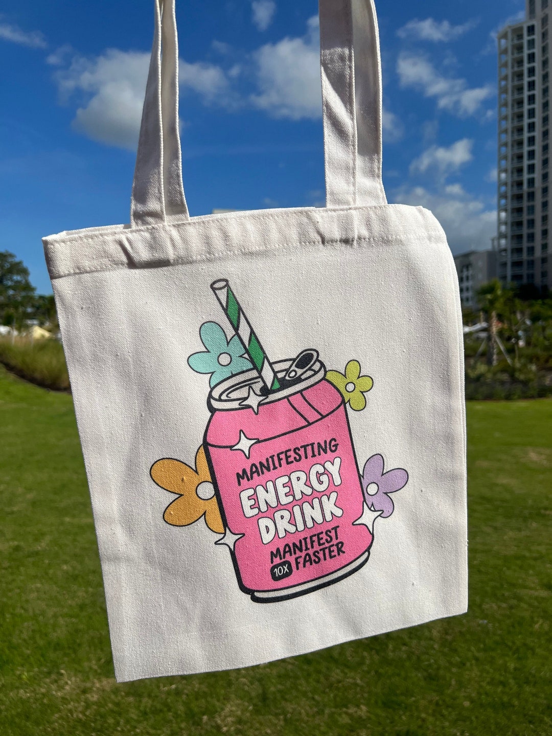 Energy Drink Tote Bag Manifesting Good Vibes Positive Energy Cute Pink ...