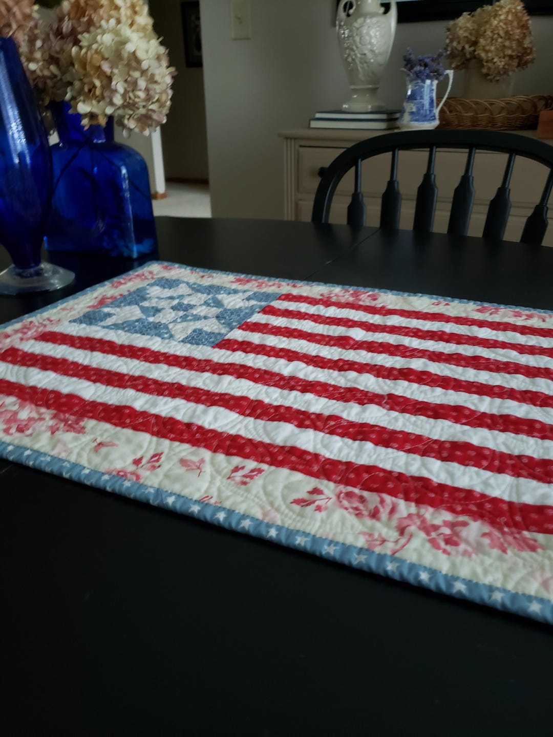 Handmade American Flag Table Topper Mini Quilt, Red White & Blue USA ...