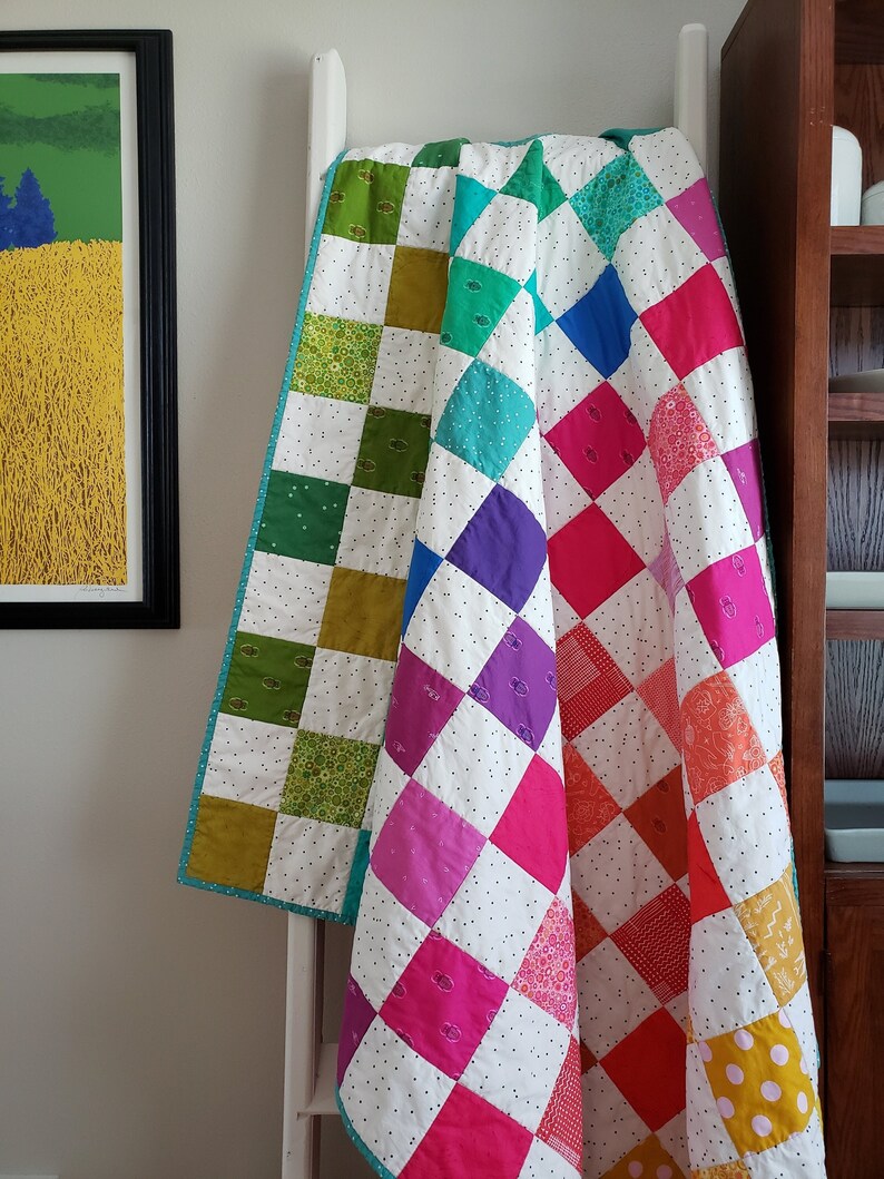 Handmade Rainbow Checkerboard Patchwork Throw Quilt, Bright Modern ...
