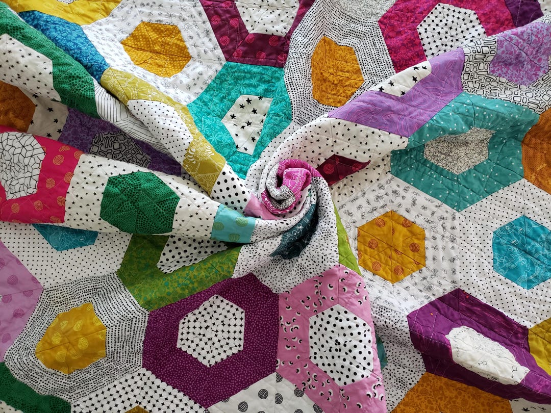 Handmade Rainbow Hexagon Patchwork Throw Quilt: Modern Colorful Fabrics ...