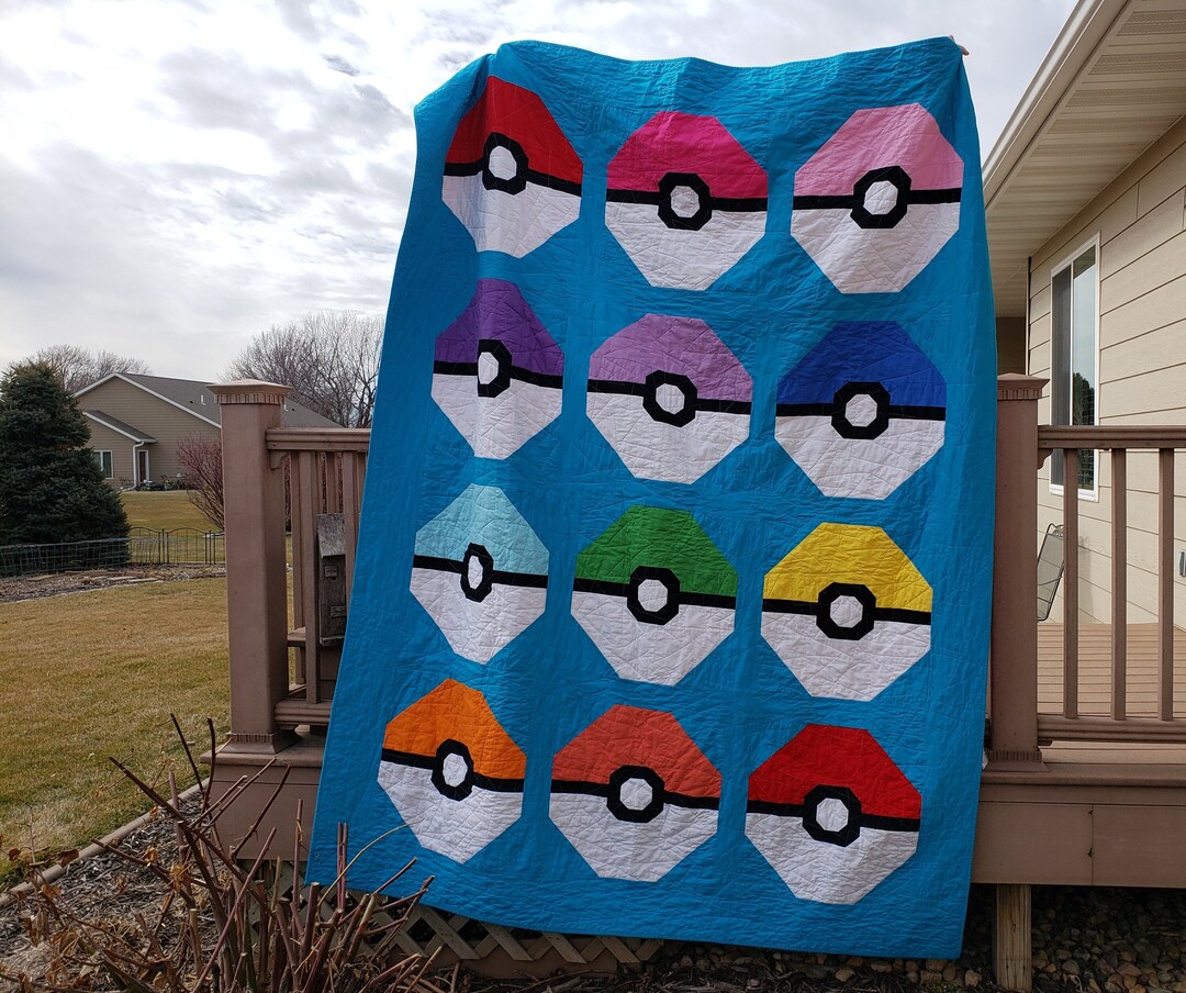 Rainbow Pokeball Handmade Patchwork Quilt, Pokemon Bedding, Multi-color ...