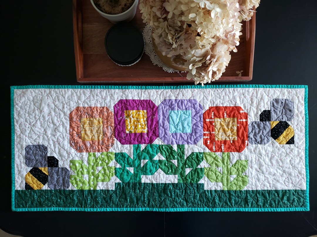 Zinnia Flowers & Bumble Bees Quilted Table Runner, Modern Colorful Handmade Patchwork Table ...