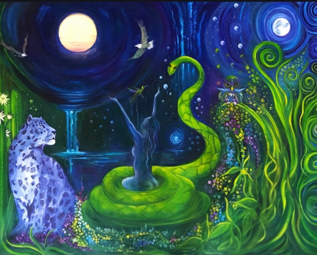 Shamanic Vision Vibrant Blue & Green Visionary Wall Art Serpent, Jaguar ...